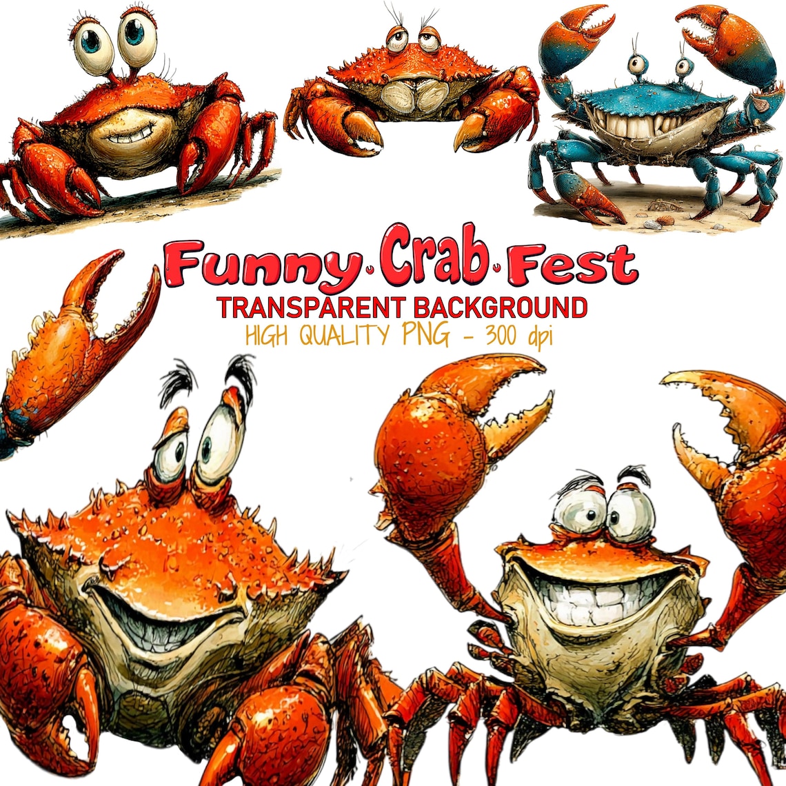 Funny Crab Fest PNG Clipart: 20 Quirky Cartoon Crabs, Transparent ...