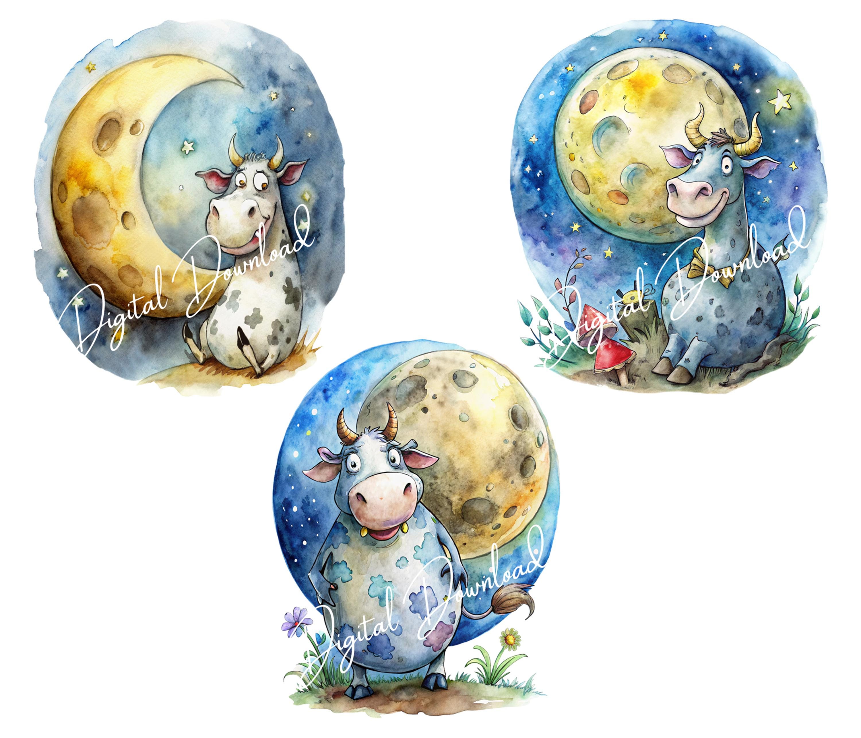 Funny Cows and Moon Watercolor Clipart, Nursery Art (PNG Digital ...