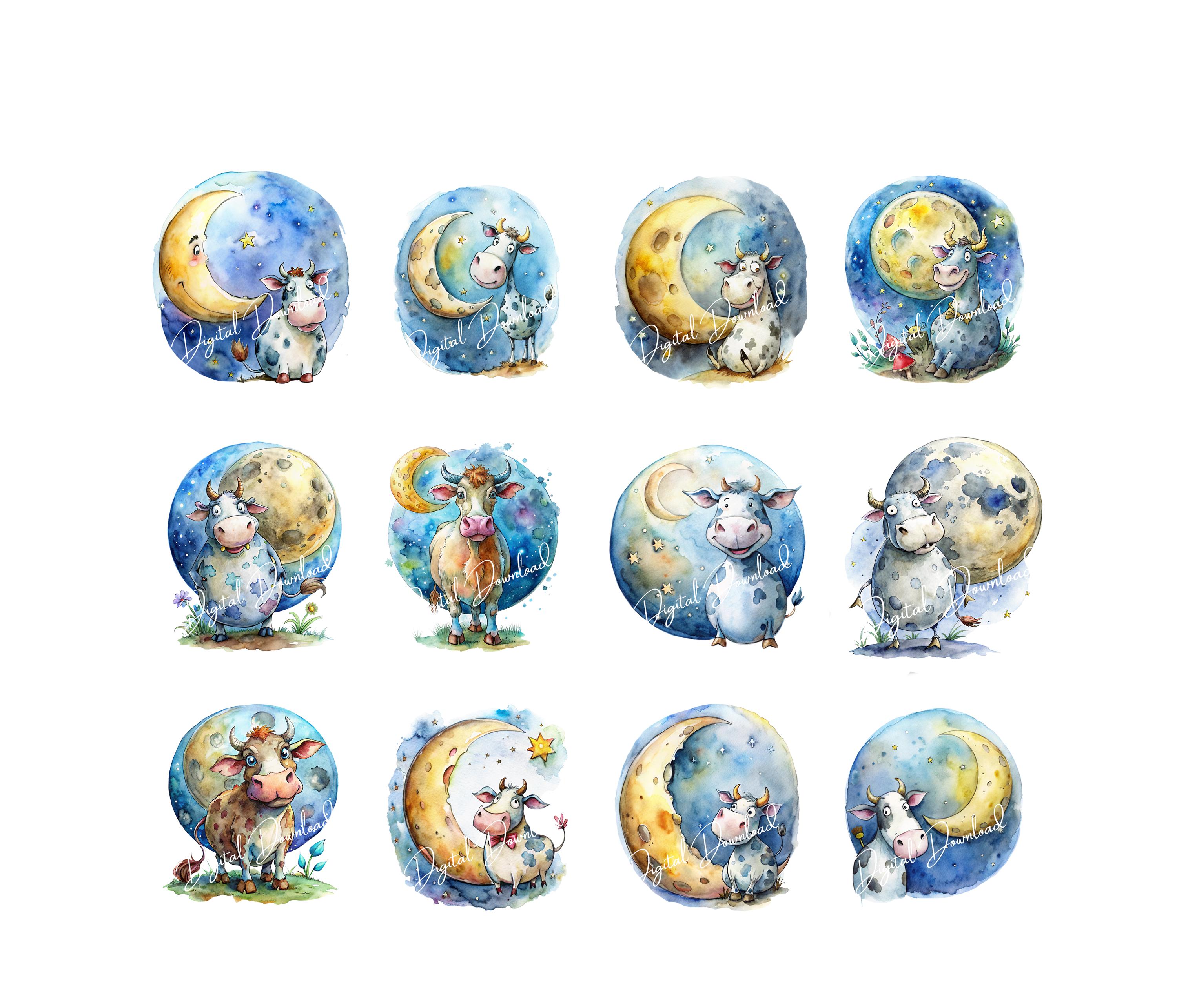 Funny Cows and Moon Watercolor Clipart, Nursery Art (PNG Digital ...