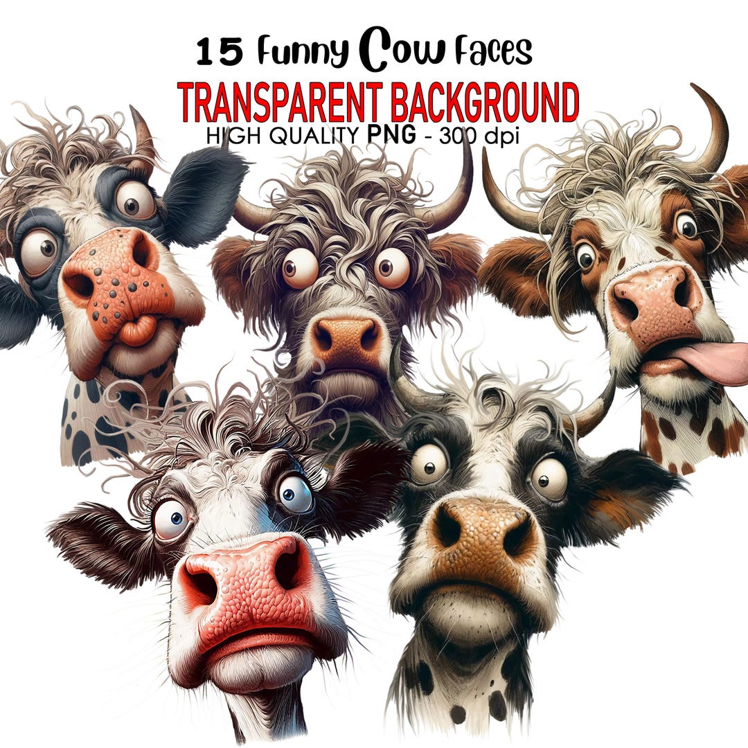 15 Funny Face Crazy Cows Clip Art Transparent Background PNG 300 Dpi ...