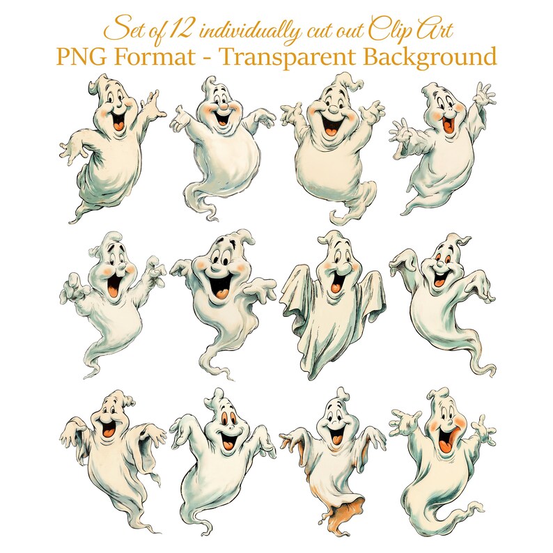 Cute Vintage Ghost PNG Clipart: Halloween Spooky Ghosts Graphics, 12 ...