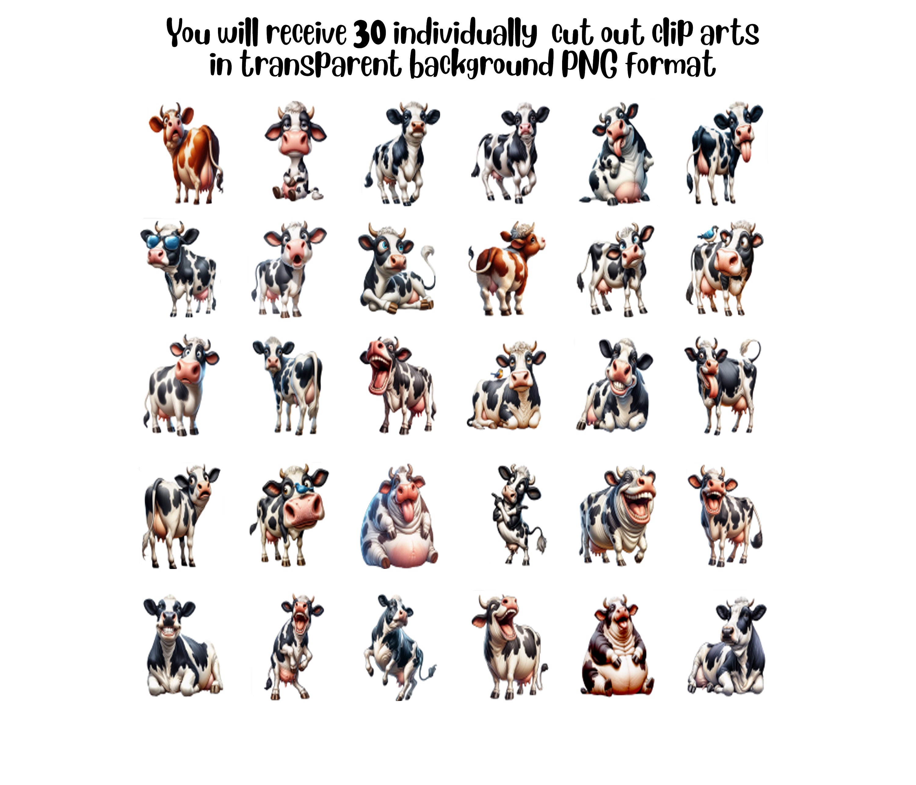 30 Transparent Background Funny Crazy Cows Clip Art, PNG 300 Dpi High ...