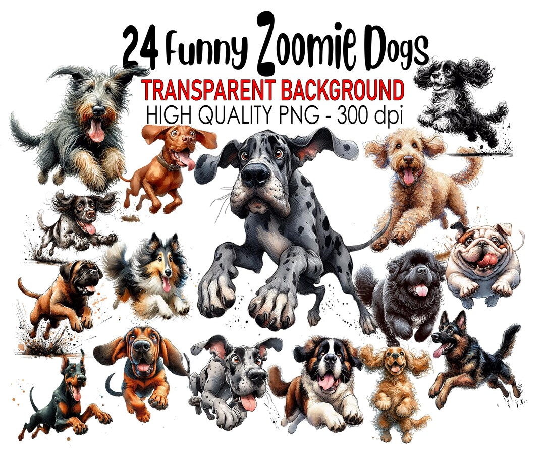 24 Transparent Background Funny Zoomie Dogs Clip Art, PNG 300 Dpi High ...