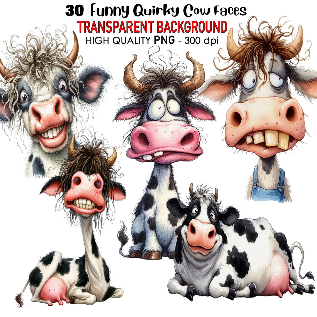 30 Transparent Background Funny Quirky Cow Faces Clip Art, PNG 300 Dpi ...