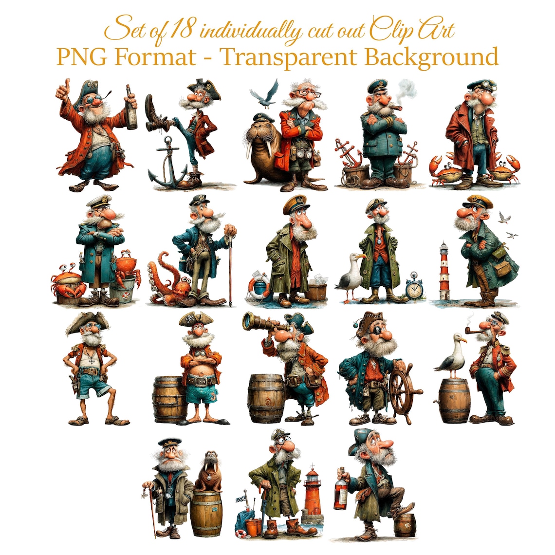 Funny Quirky Sea Captains PNG Clipart: Nautical Old Men, 18 Transparent ...