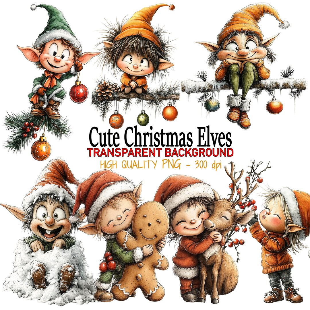 Whimsical Christmas Elves Clipart: Holiday PNG Graphics (digital ...