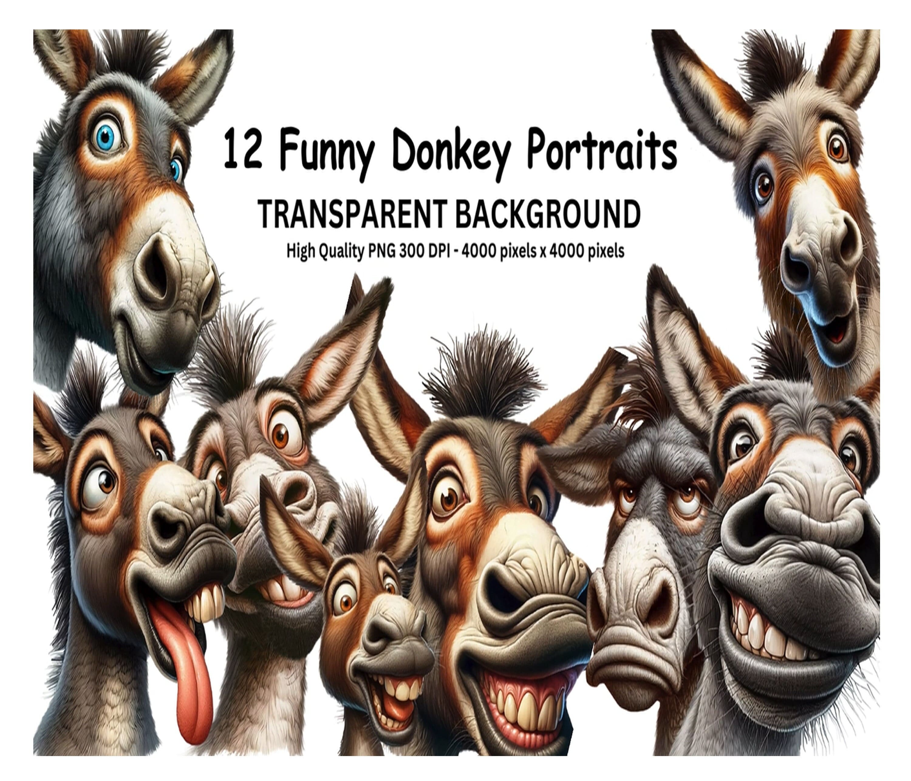 12 Transparent Background Funny Donkey Portraits Clip Art, PNG 300 Dpi ...