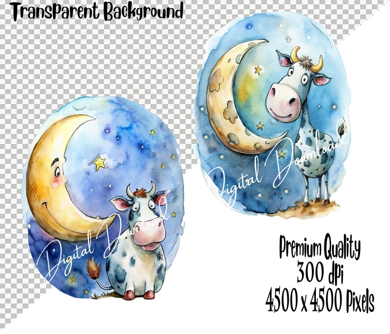 Funny Cows and Moon Watercolor Clipart, Nursery Art (PNG Digital ...