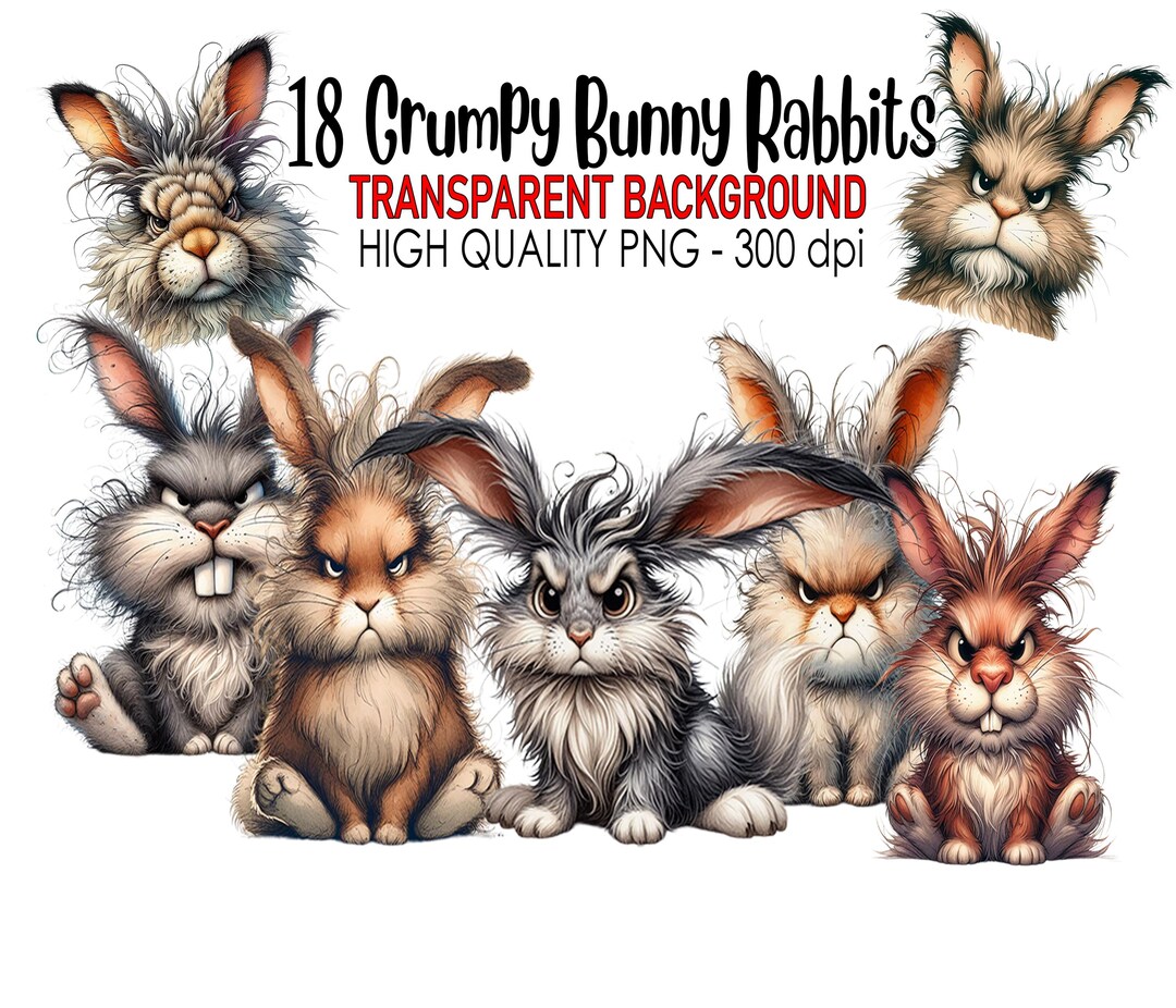 18 Transparent Background Grumpy Bunny Rabbit Clip Art, PNG 300 Dpi High Quality Digital ...