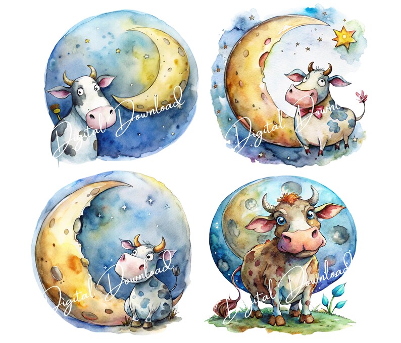 Funny Cows and Moon Watercolor Clipart, Nursery Art (PNG Digital ...