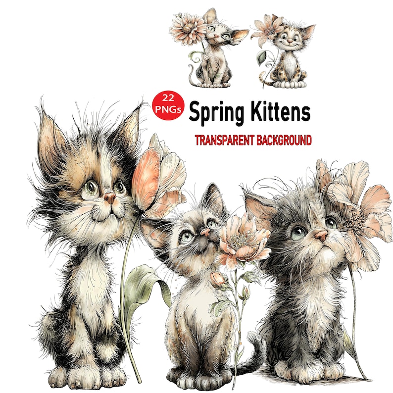 Spring Kitten Clipart: 22 Watercolor Flower Cat PNG Graphics (digital ...