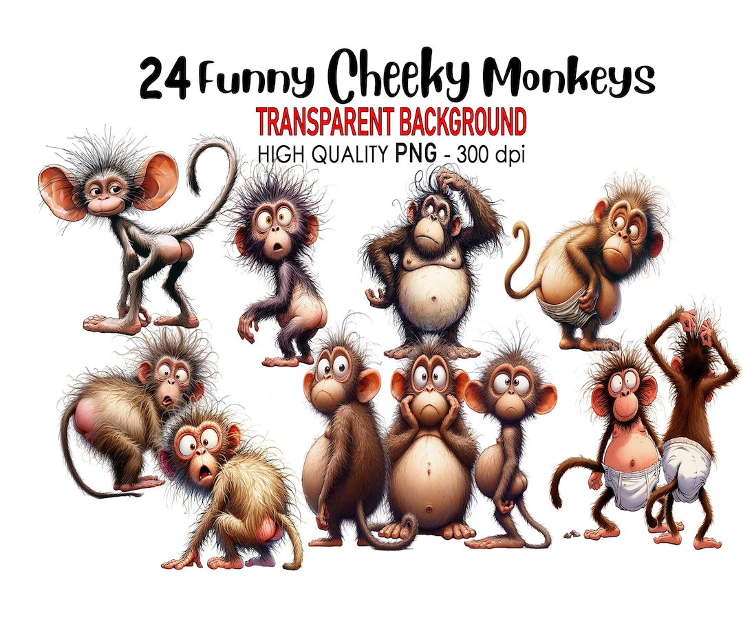 Funny Cheeky Monkeys Clip Art, Watercolor PNG Prints (digital Download ...