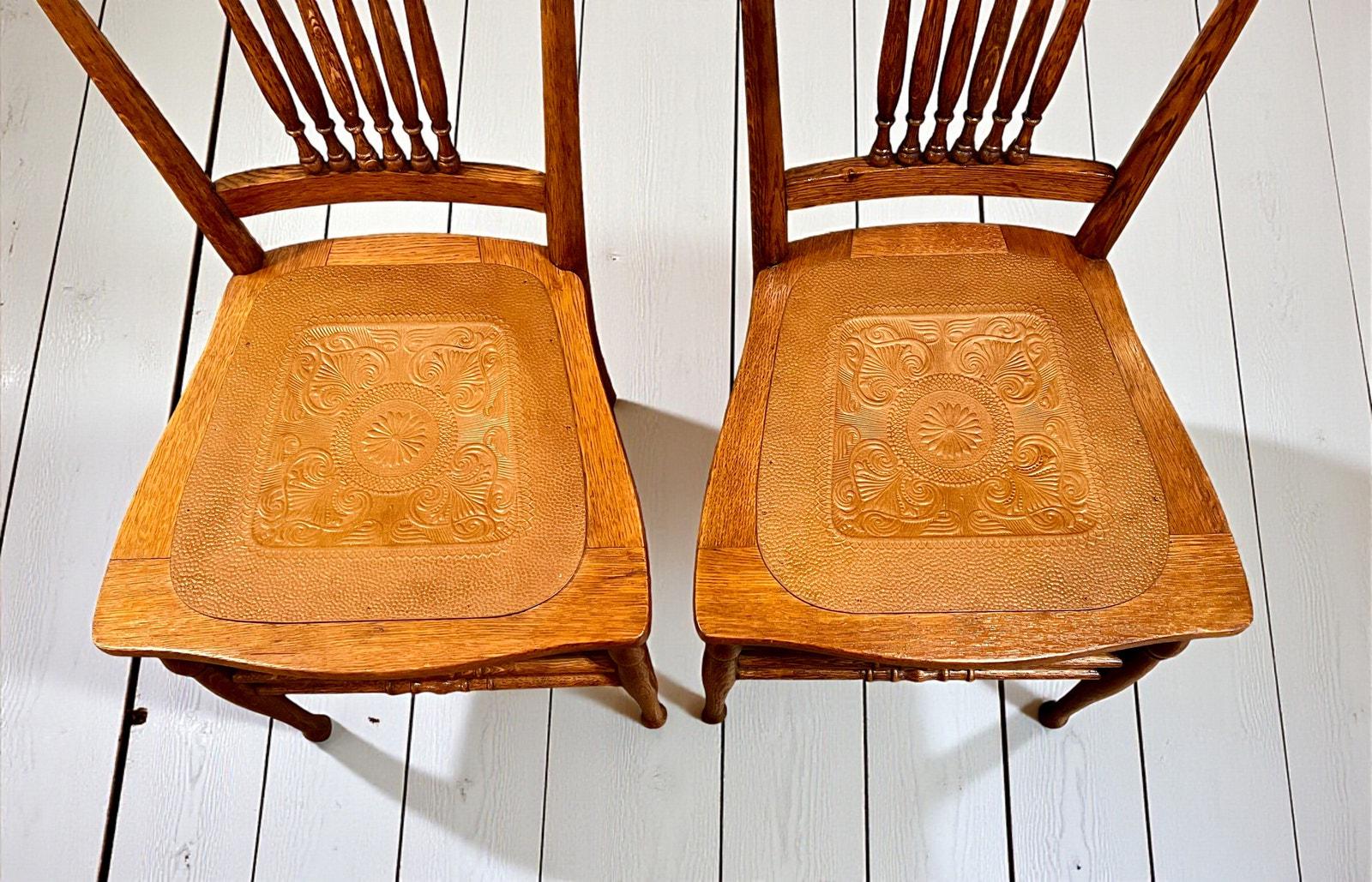 Antique Oak Spindle Chairs-tooled Leather Seats-1900s Restored ...