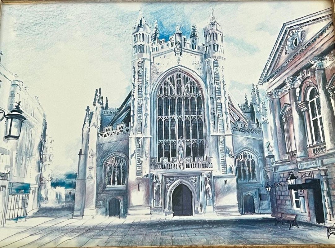 England Art Print-bath Abbey-gallery Framed Drawing- 9''x7''-historic ...