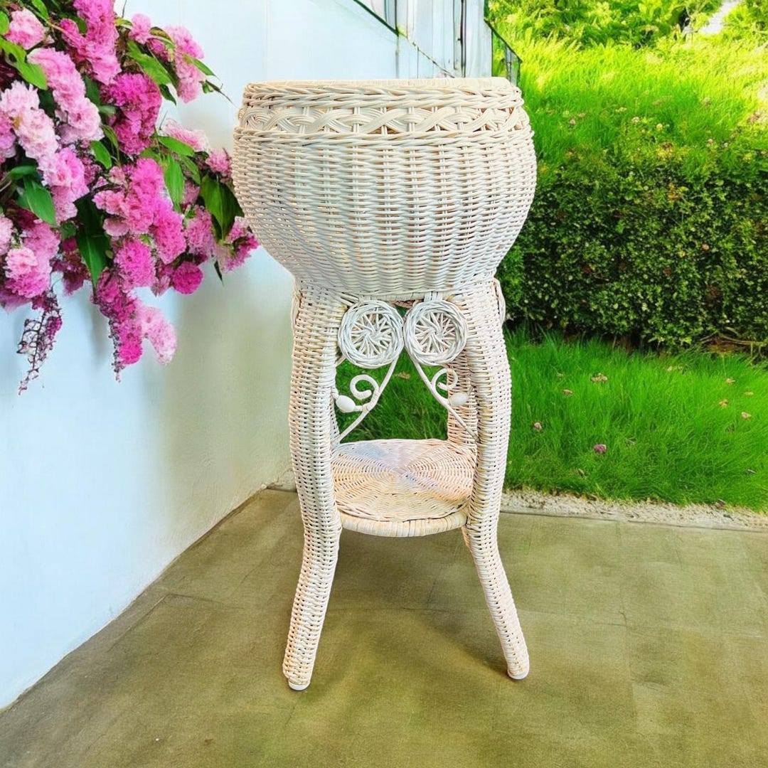Wicker & Rattan Plant Stand-white-2 Tiered-beaded-scrollwork-garden ...