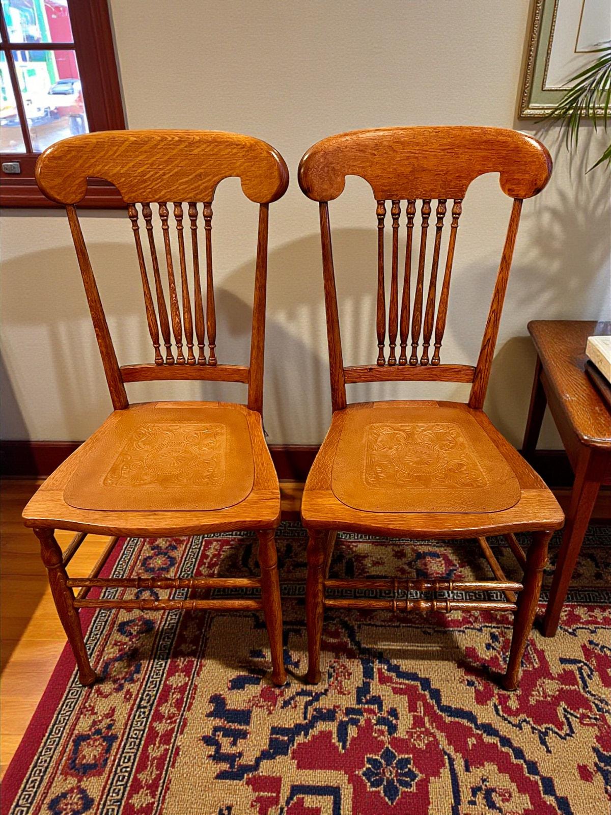 Antique Oak Spindle Chairs-tooled Leather Seats-1900s Restored ...