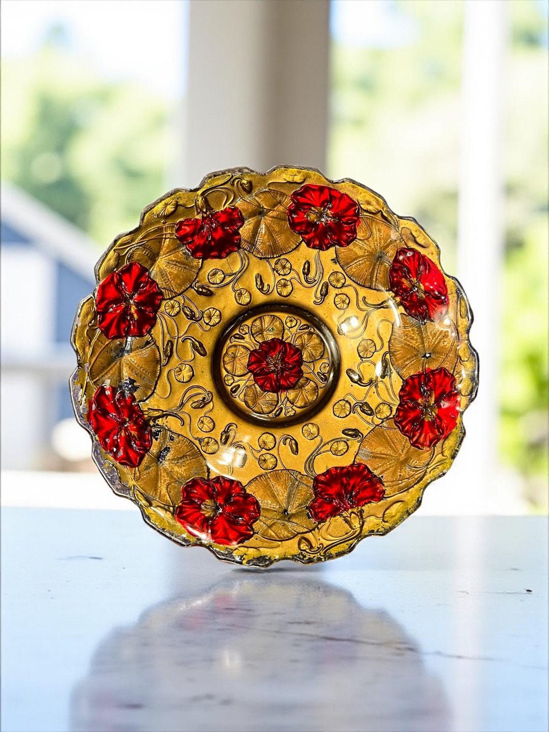 Antique Goofus Glass Bowl-red Flowers Gold-centerpiece-art Nouveau ...