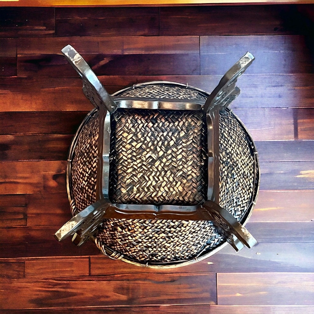 Vintage Rattan & Bamboo Basket Planter Asian Hand-woven Wood Stand-boho ...