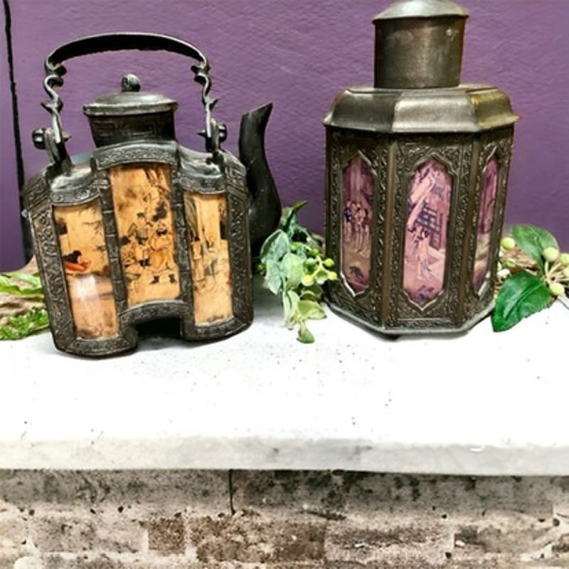 Antique Shantou Metal Teapot & Tea Caddy-asian/chinese/lithograph Glass ...