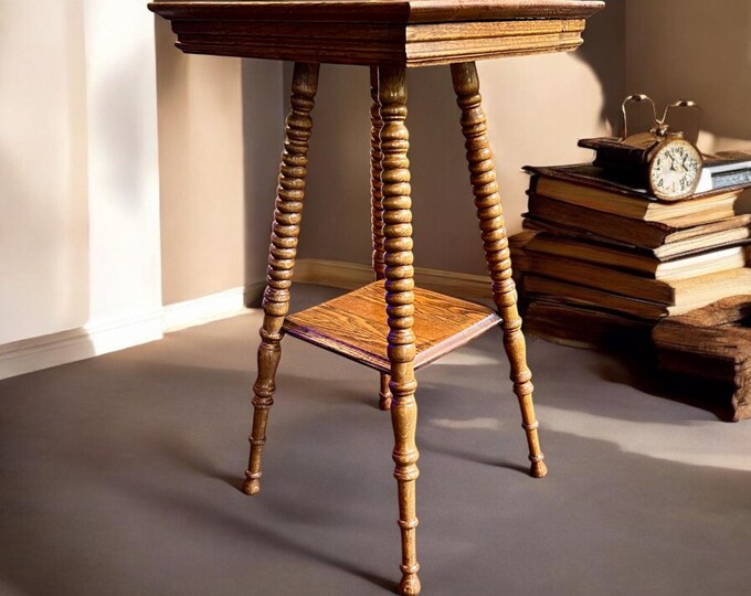 Antique Oak Side Table-turned Spindle Bobbin Legs-2 Tiered-lamp Plant ...