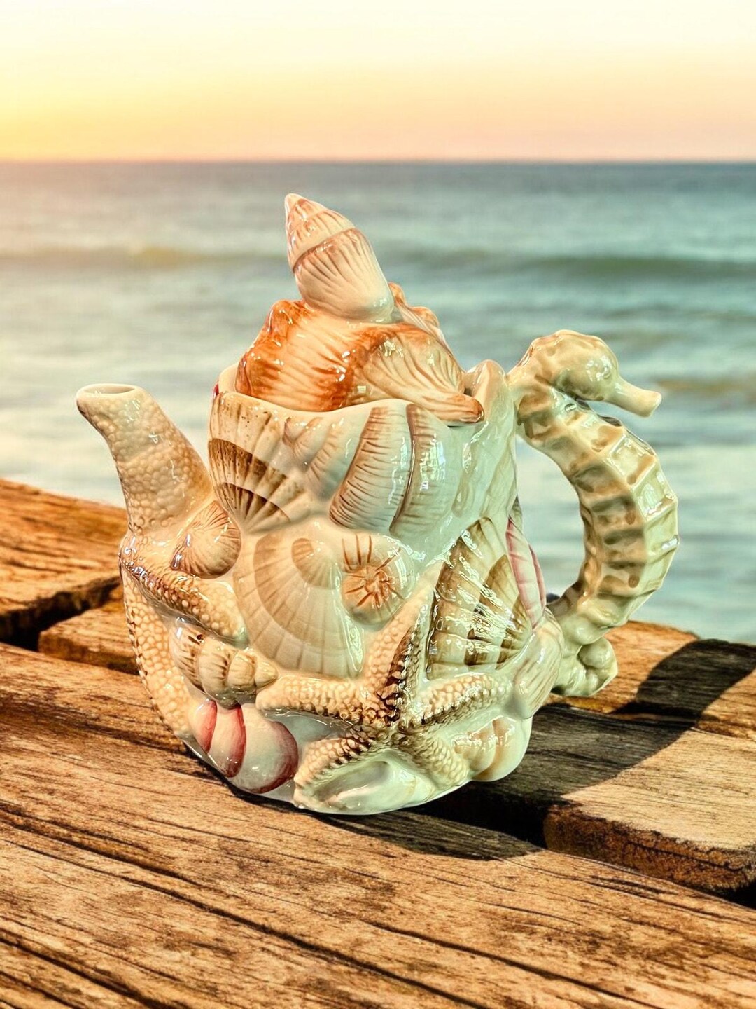 Nautical Teapot-seahorse & Seashell-pacific Rim-starfish Beach Ceramic ...