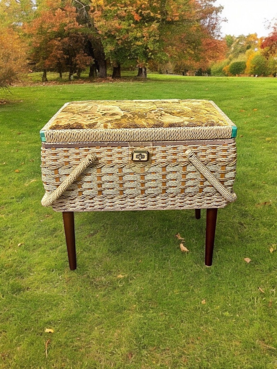 Retro Sewing Basket Stand Earth Tones Velvet Lid Removable Legs Wicker ...