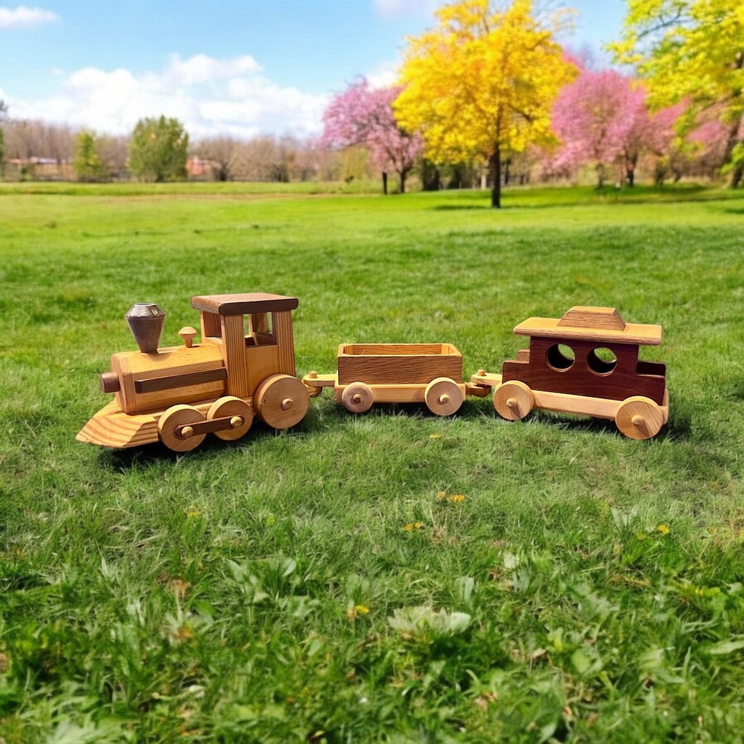 Wooden Train-handmade-pine-3 Piece Interlocking-rustic-primitive Toys ...