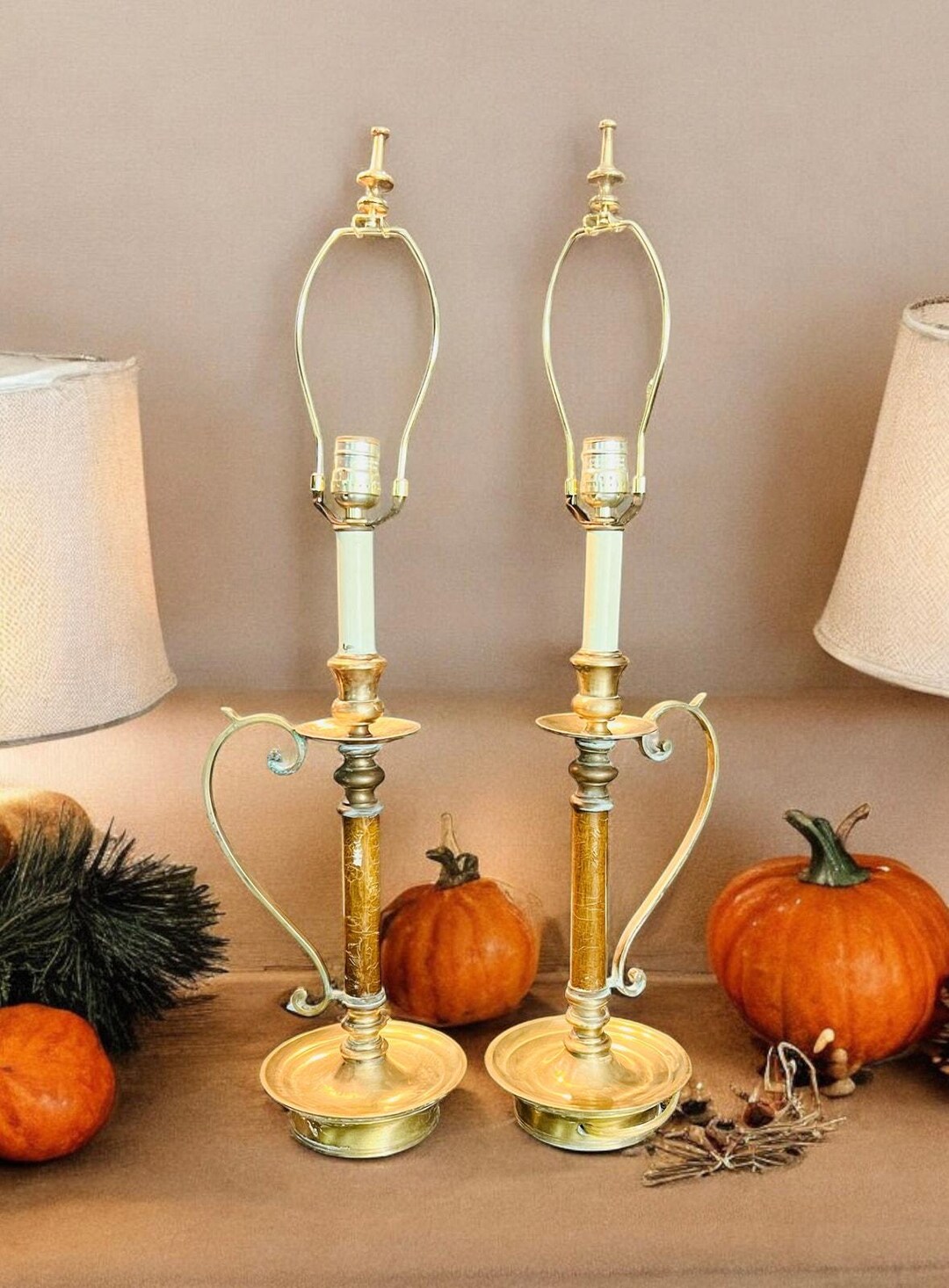 Brass Candlestick Lamps-vintage 1970s-faux Wood-colonial Style-mid ...