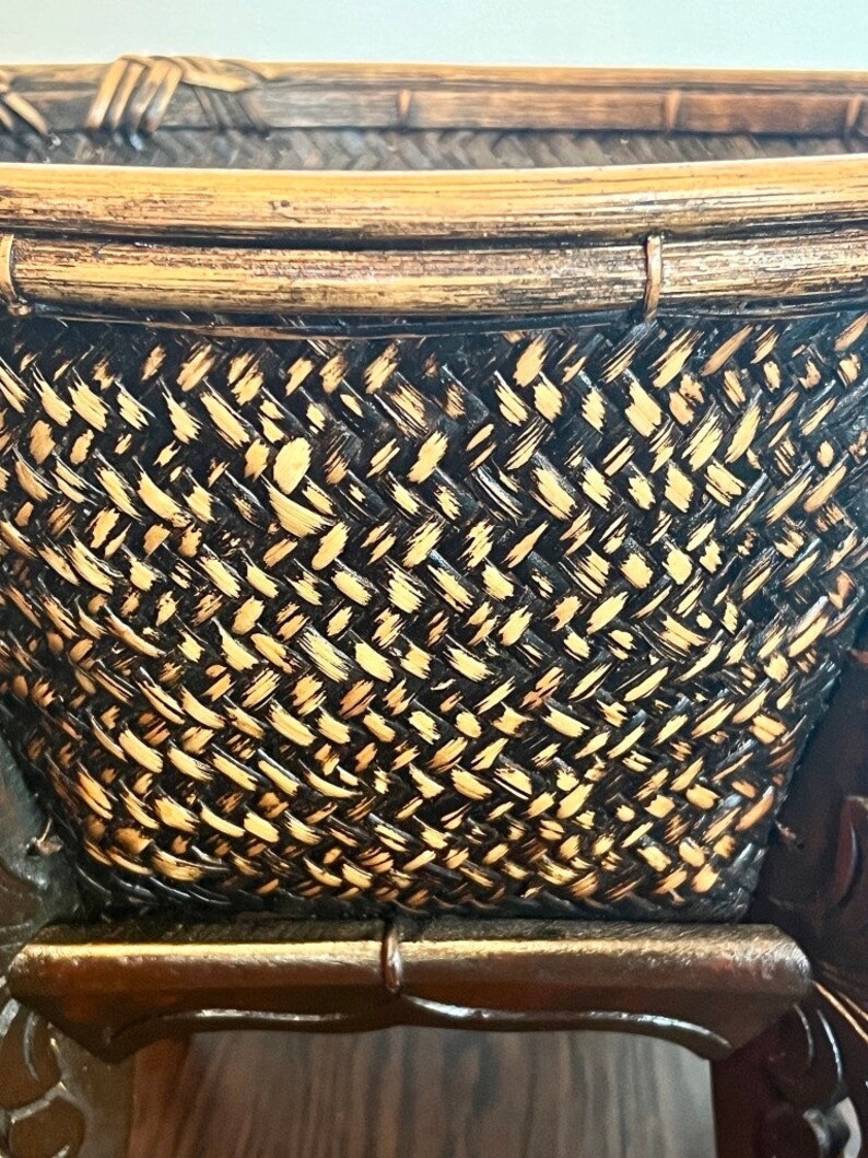 Vintage Rattan & Bamboo Basket Planter Asian Hand-woven Wood Stand-boho ...