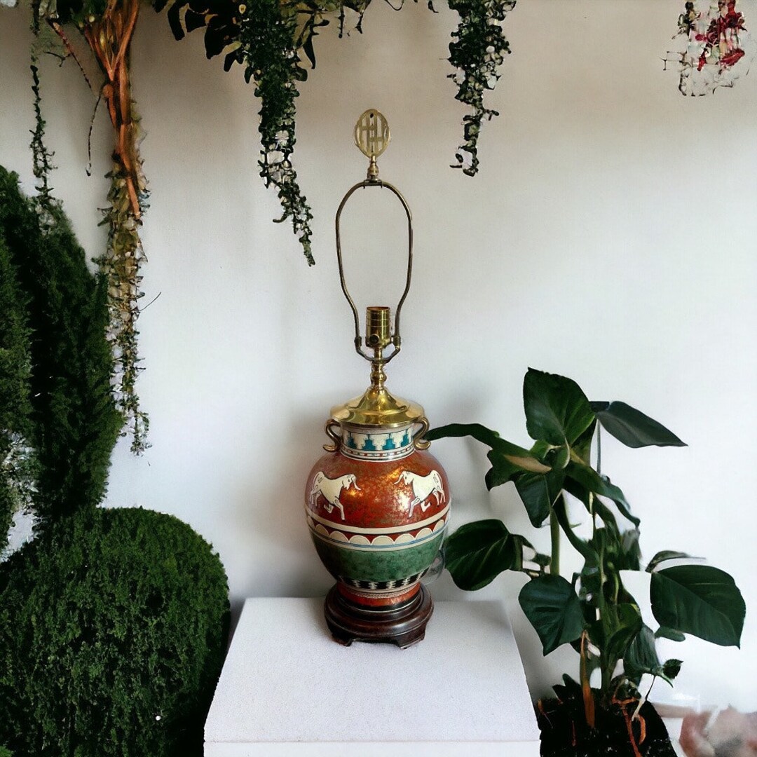 Asian Chinoiserie Lamp-red Bull Hand Painted W Brass Finial-dynasty ...