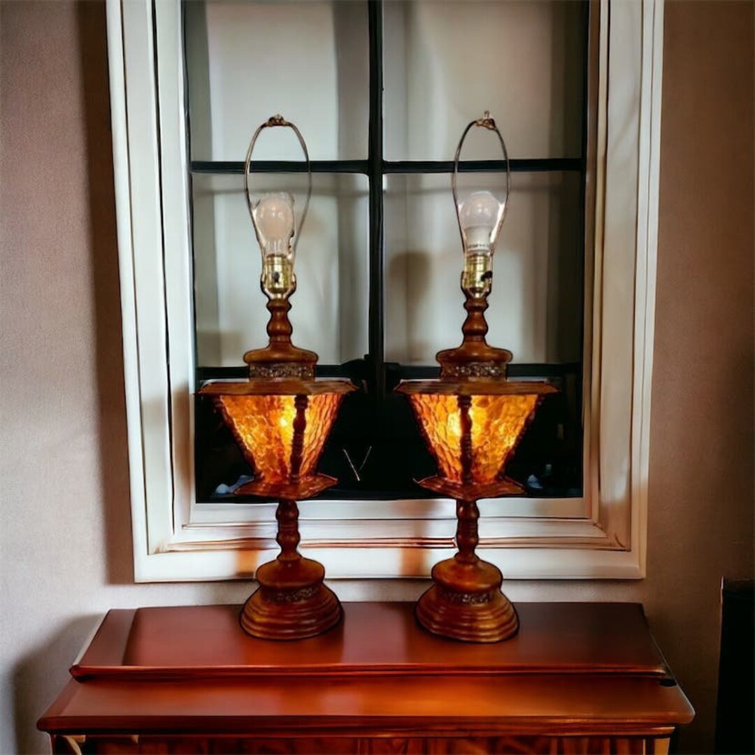 2 Wood & Amber Glass Street Post Lamps vintage Mid Century/ Retro-1960s ...