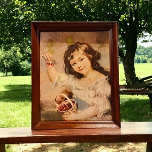 Vintage Art Print Little Girl + Cherries-framed-1970s-retro-mid Century ...