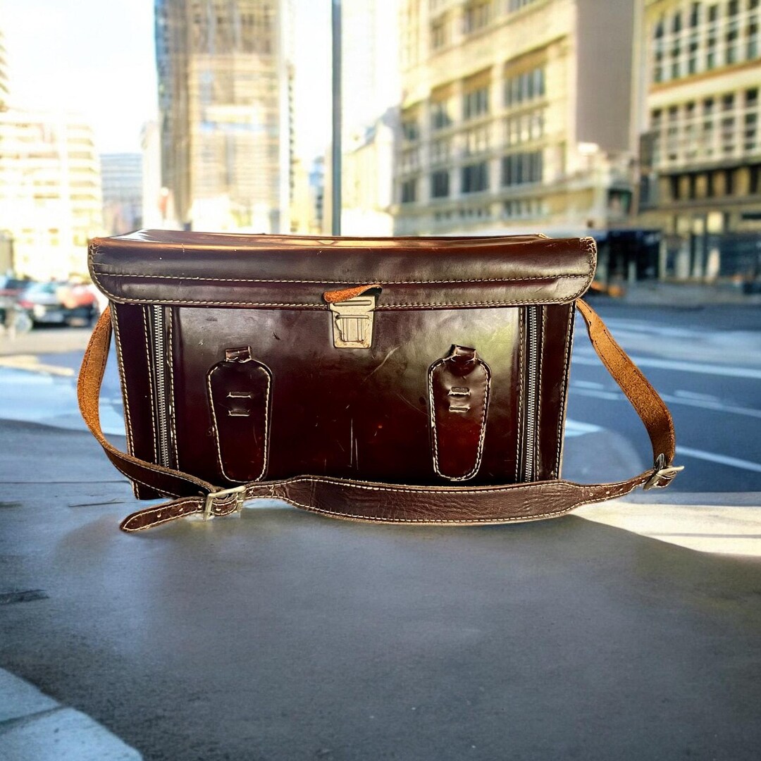Vintage Leather Camera Bag / Case-homa 1960s-cowhide-brown W Green ...