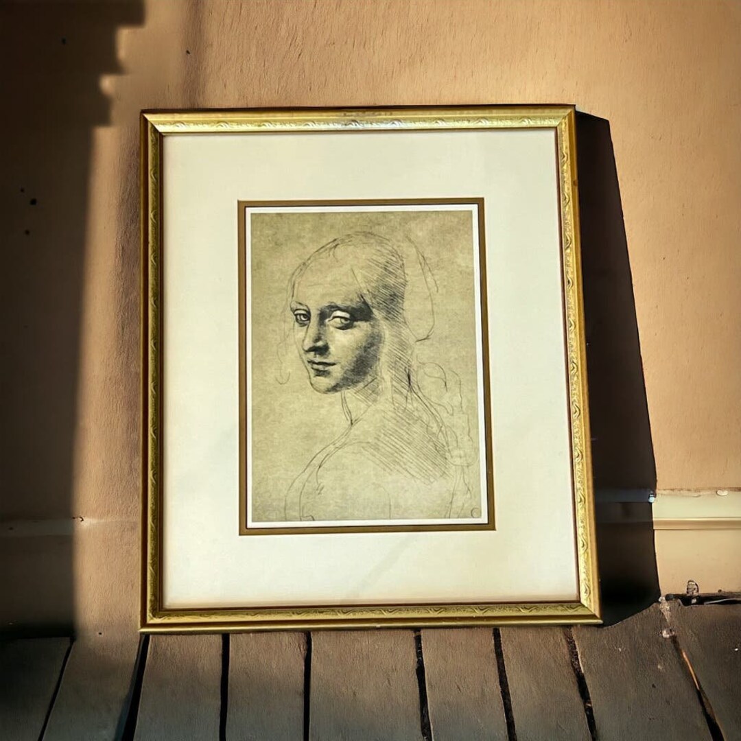 Leonardo Da Vinci-female Head Monotone Drawing-gilded Wood Frame-art ...