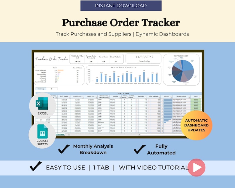 One Page Purchase and Track Simple Business Spreadsheet, Monthly ...