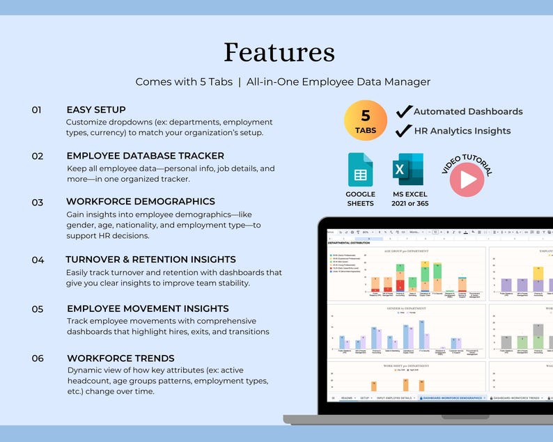Employee Database Manager Excel Google Sheets Employee Data Tracker HR ...