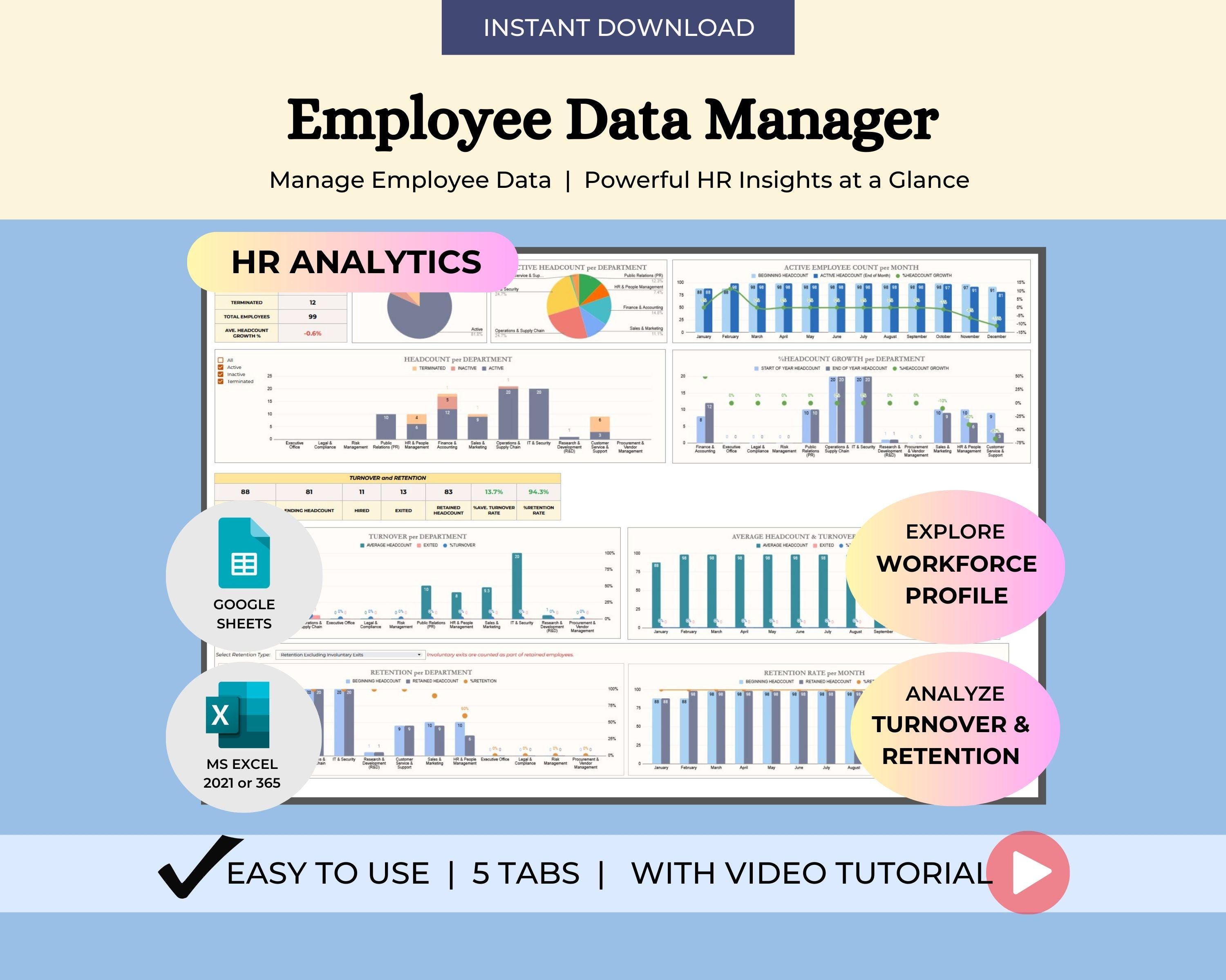Employee Database Manager Excel Google Sheets Employee Data Tracker HR ...