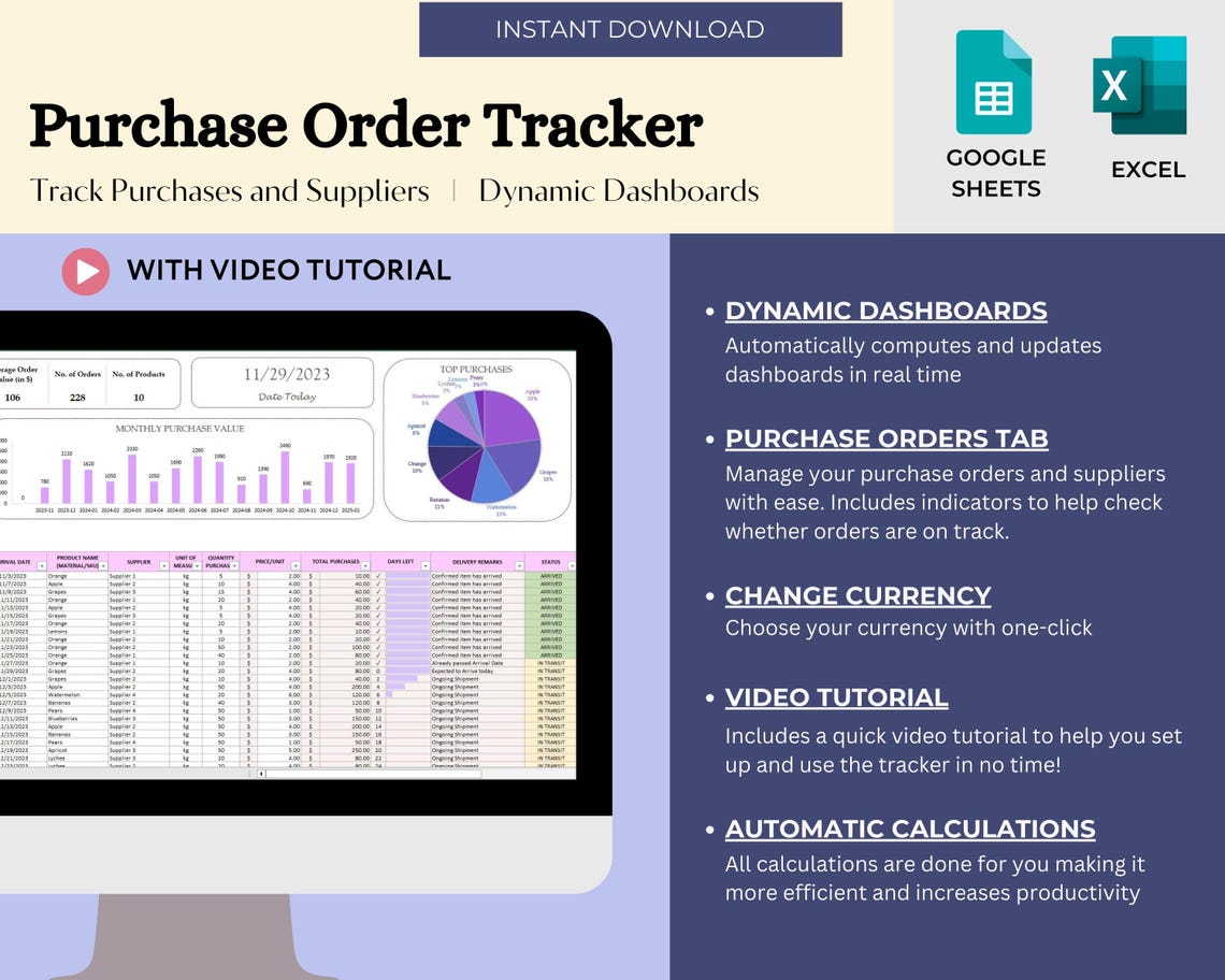 Purchase Management Excel Spreadsheet for Procurement Tracking ...