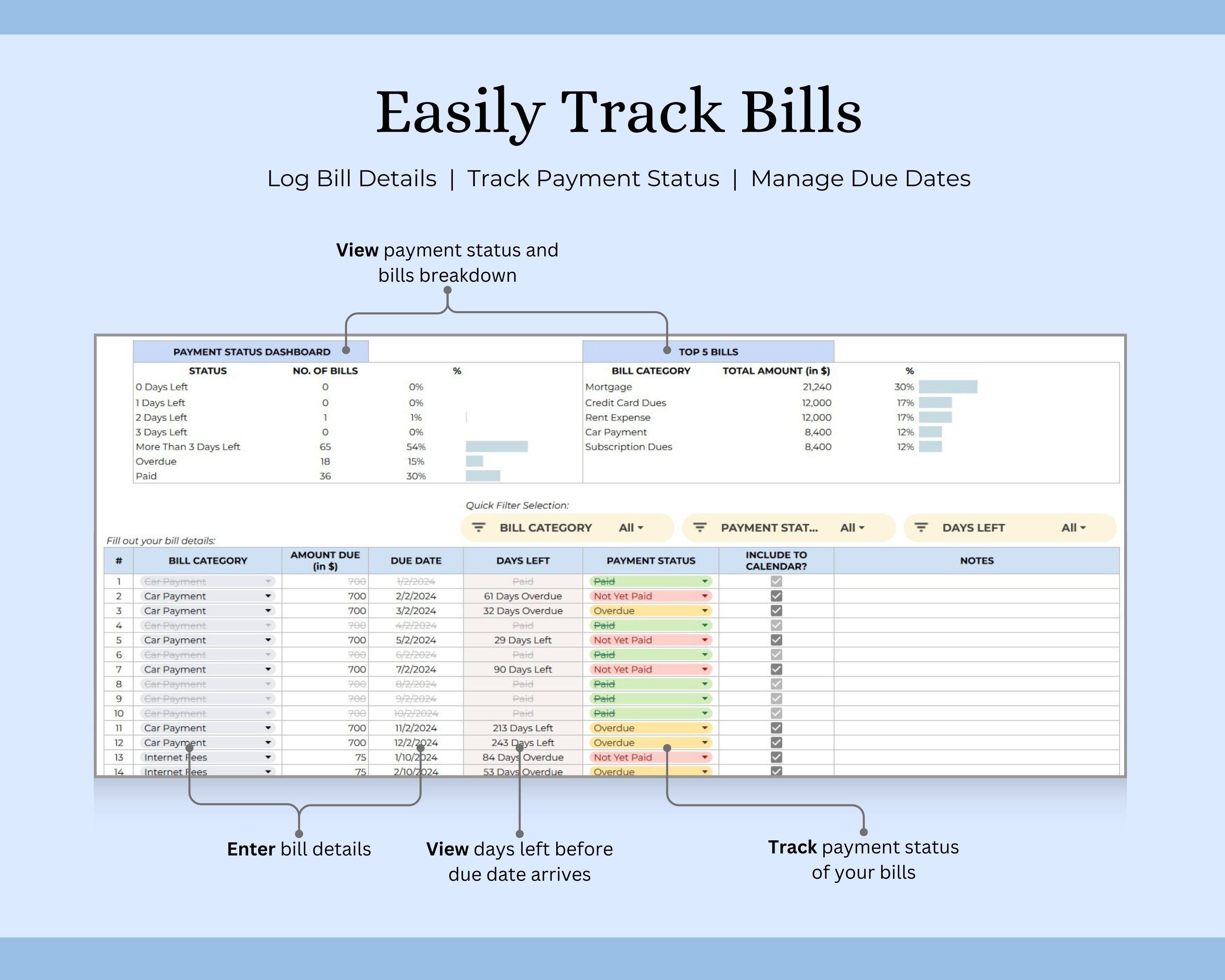 Simple Bill Tracker Automated Bill Calendar Payment Dashboard Expense ...