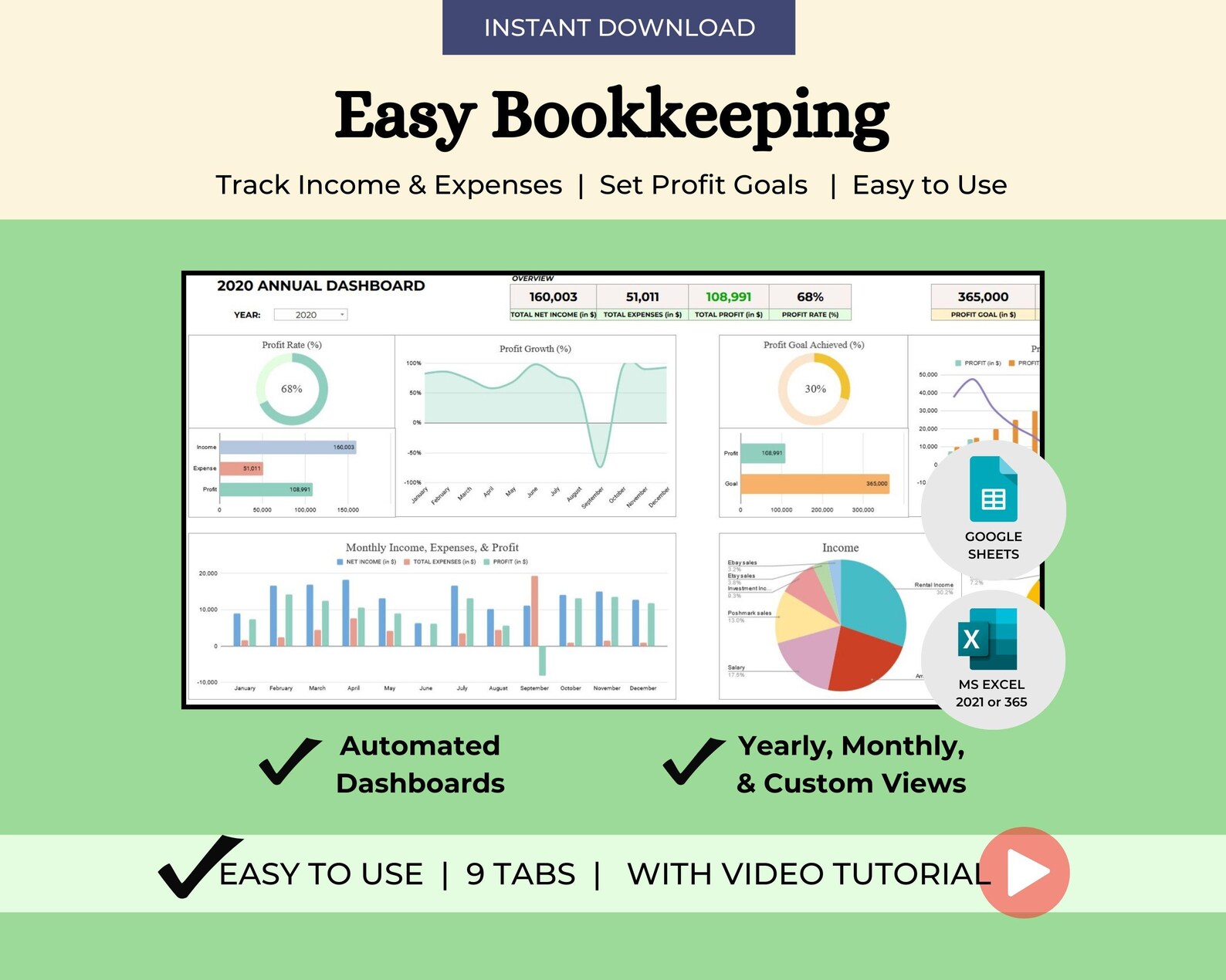 Small Business Bookkeeping Template, Business Income & Expense Tracker, Profit Loss Spreadsheet ...
