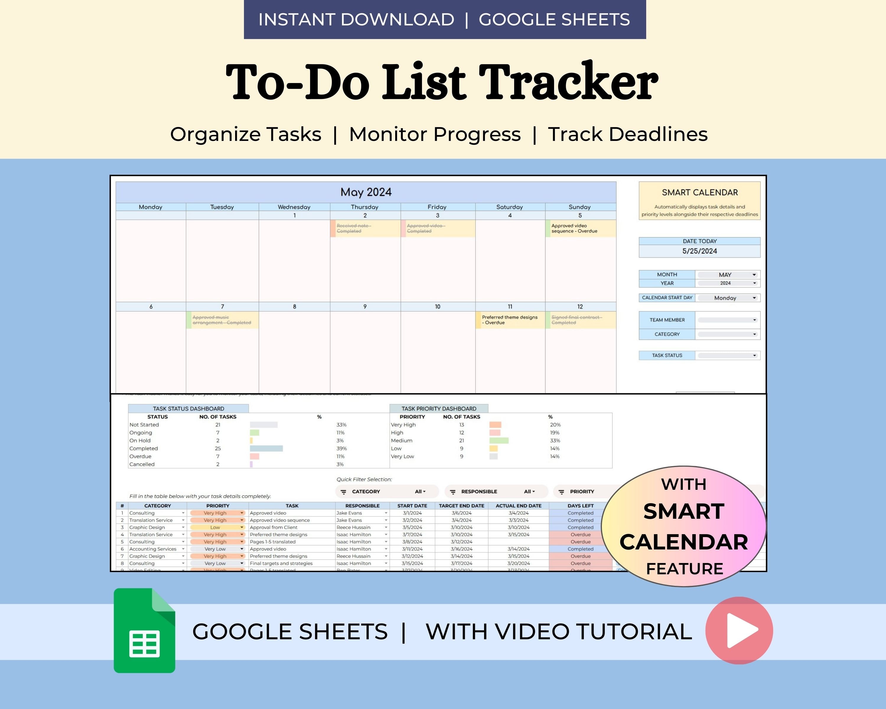 To Do List Tracker, Task Tracker Spreadsheet Template, Productivity ...