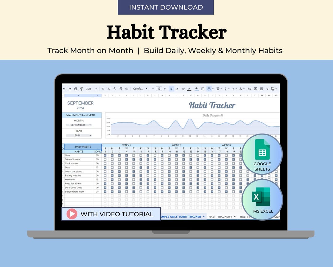 Habit Tracker Spreadsheet Google Sheets Excel, Daily Habit Planner ...