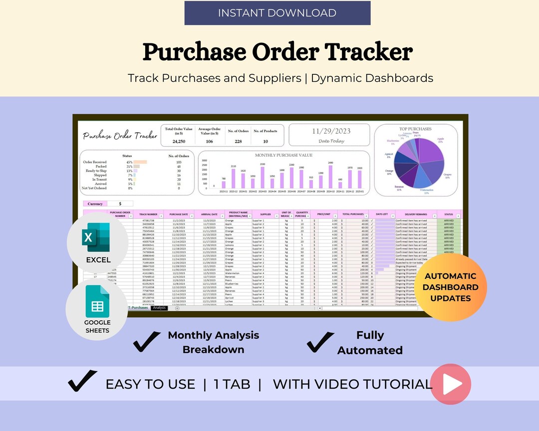 Purchase Management Excel Spreadsheet for Procurement Tracking ...