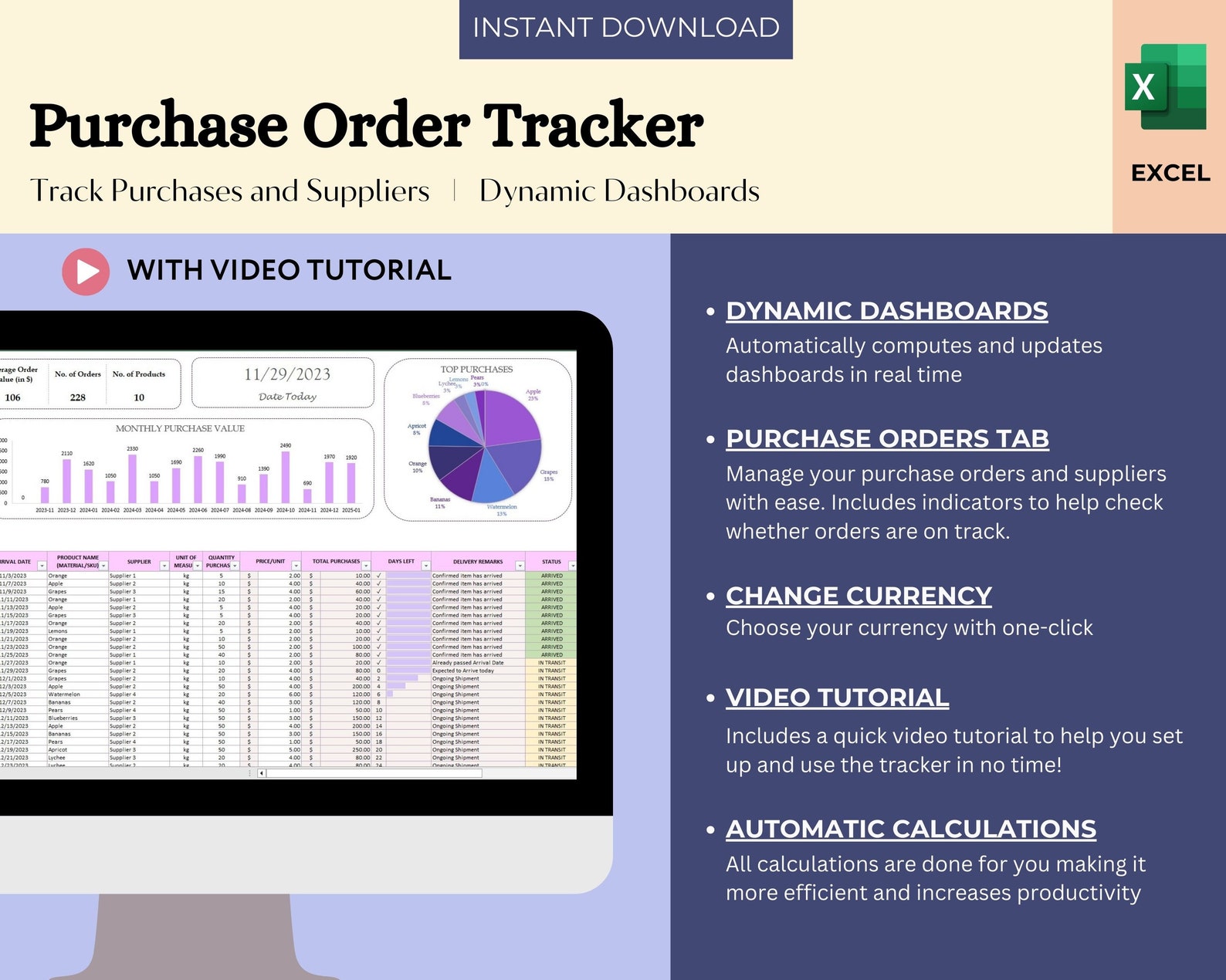 Purchase Management Excel Spreadsheet for Procurement Tracking ...