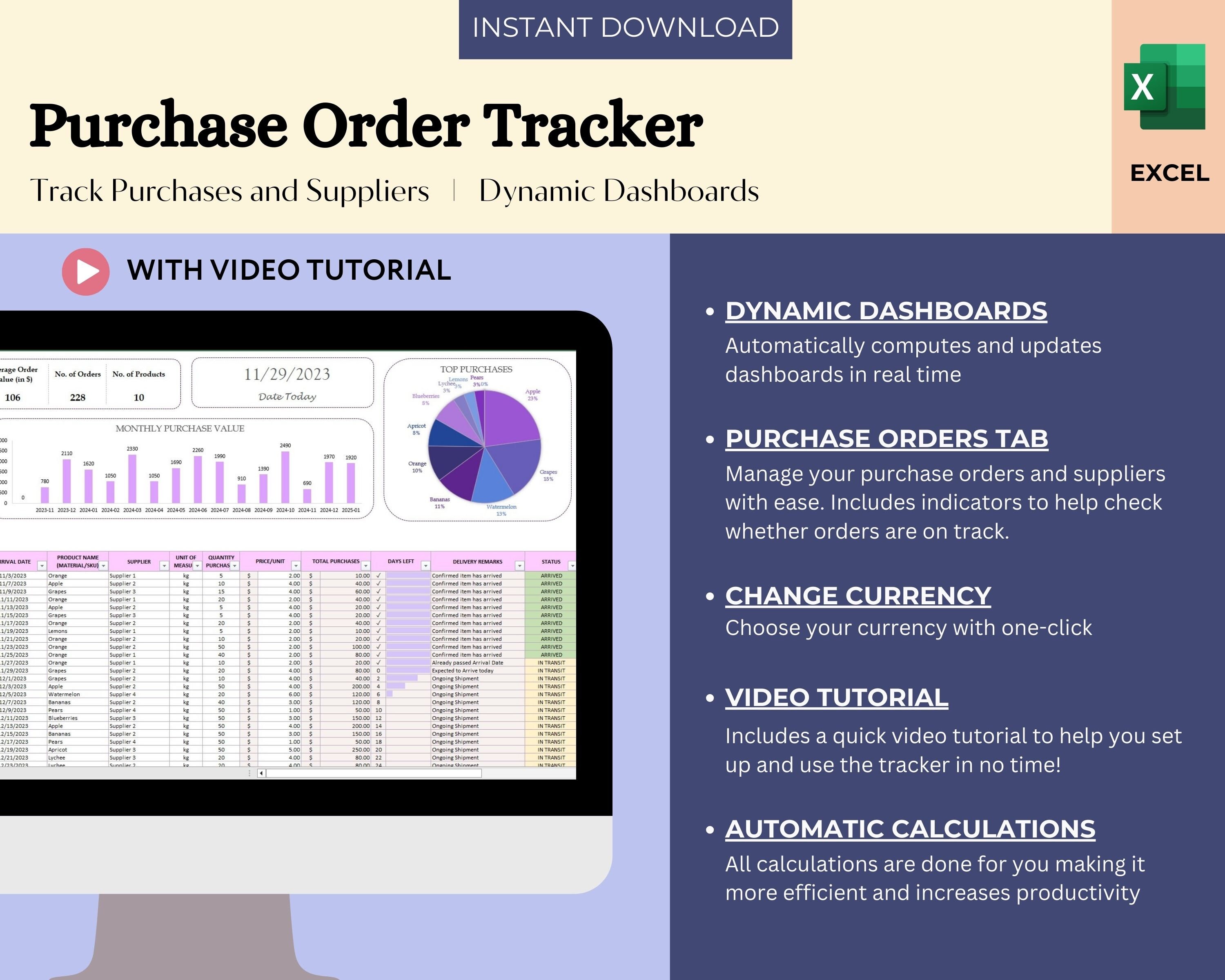 Purchase Management Excel Spreadsheet for Procurement Tracking ...