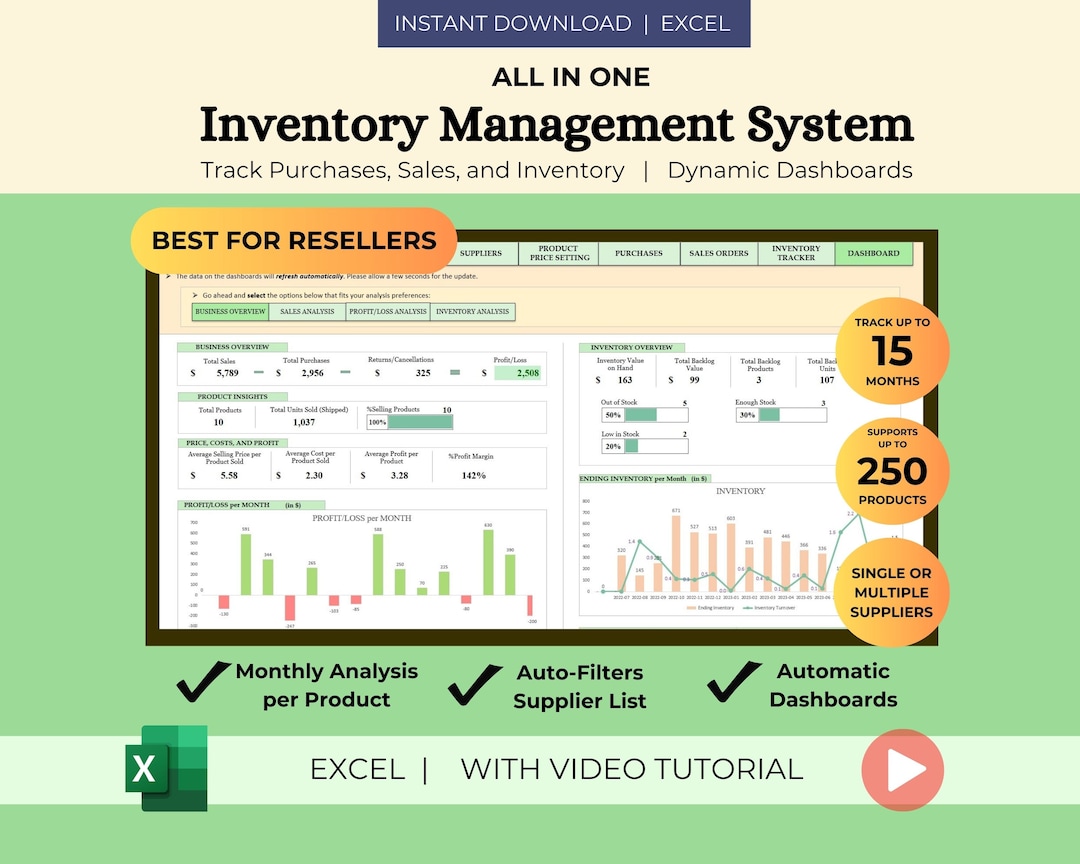 Sales and Inventory Tracker Excel Spreadsheet for Resellers, Dynamic ...
