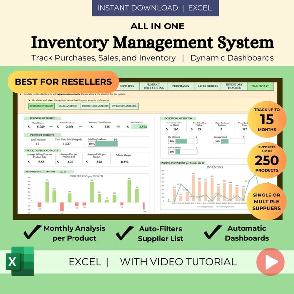 Sales and Inventory Tracker Excel Spreadsheet for Resellers, Dynamic ...