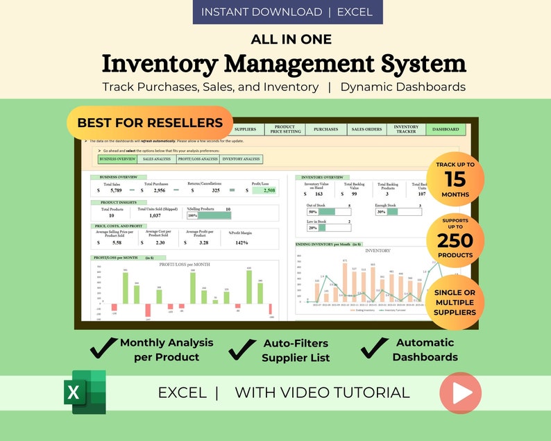 Sales and Inventory Tracker Excel Spreadsheet for Resellers, Dynamic ...