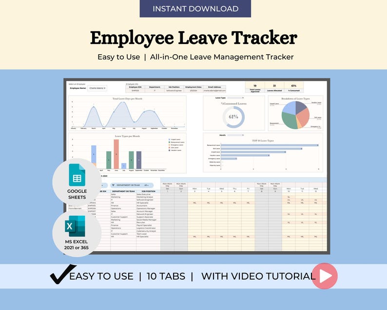 Employee Leave Tracker Spreadsheet Excel Google Sheets Vacation Time ...