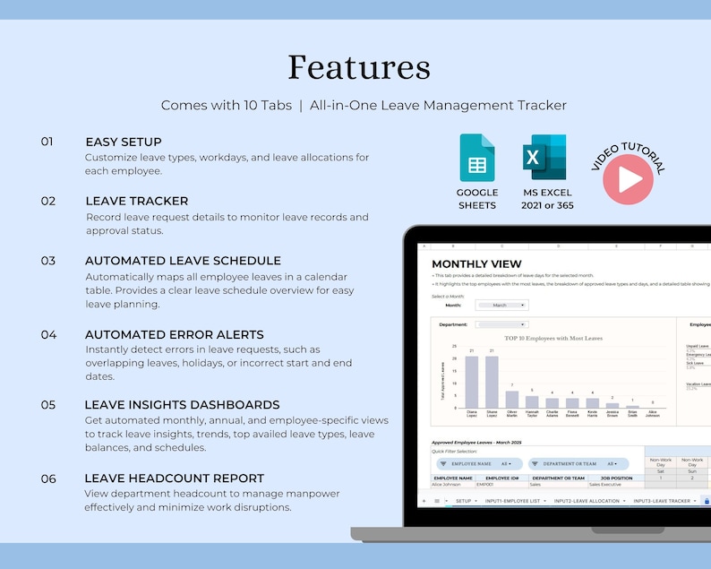 Employee Leave Tracker Spreadsheet Excel Google Sheets Vacation Time ...